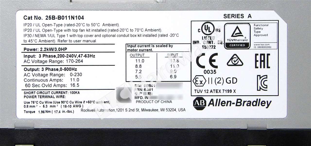 PLC Hardware: Allen-Bradley 25B-B011N104 PowerFlex 525 AC Drive 240V ...