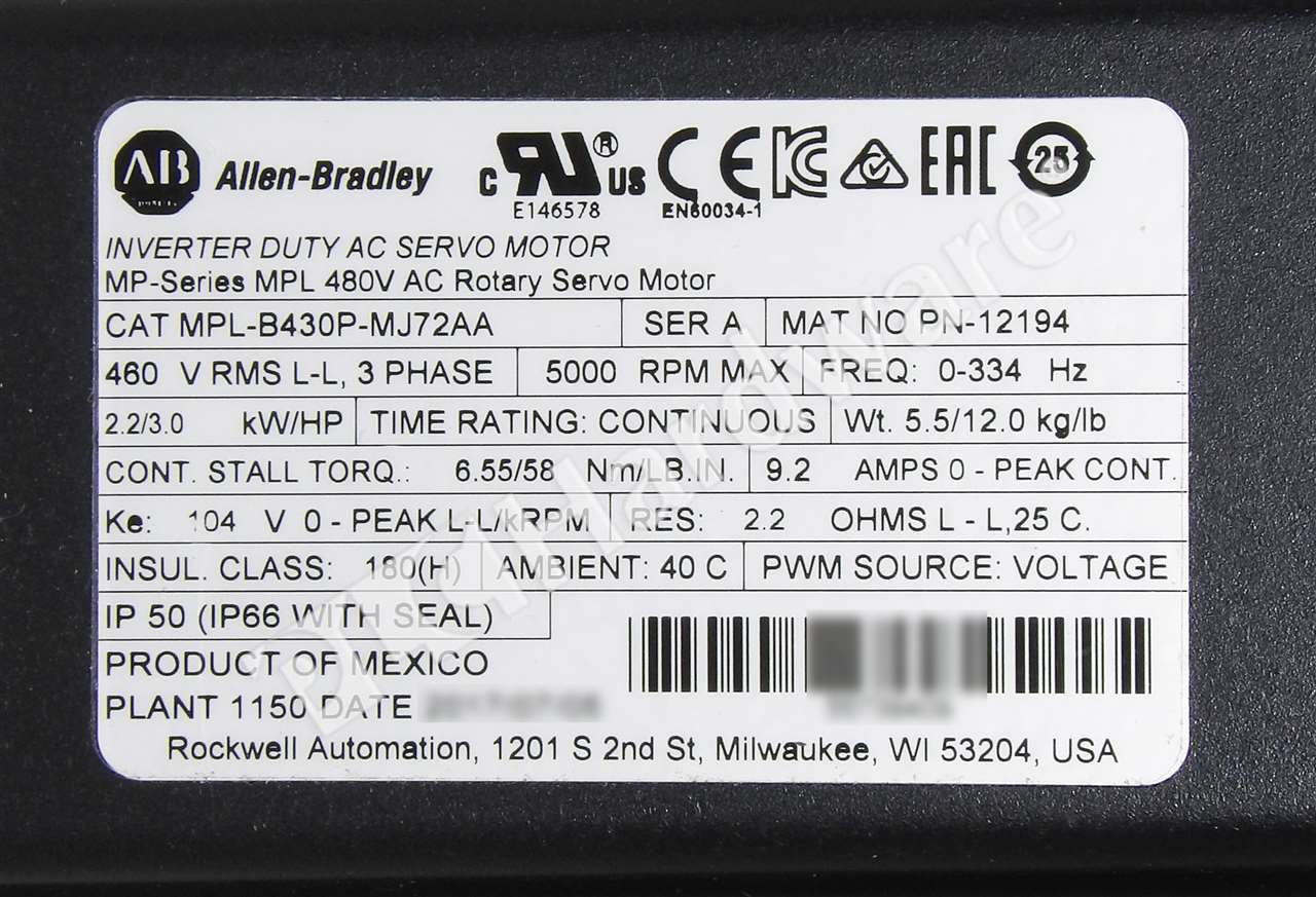 PLC Hardware: Allen-Bradley MPL-B430P-MJ72AA Servo Motor, 460VAC, 5000 RPM