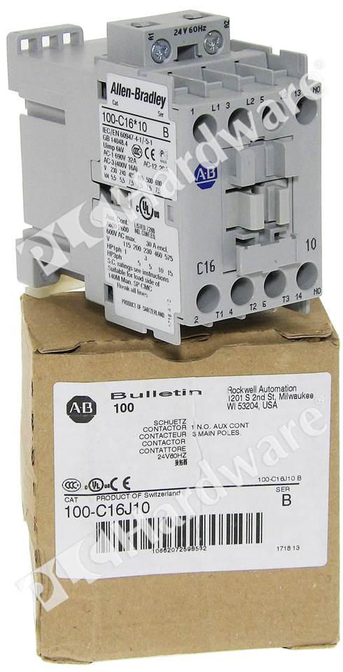 PLC Hardware: Allen-Bradley 100-C16J10 MCS-C Contactor, IEC, 16A, 24VAC
