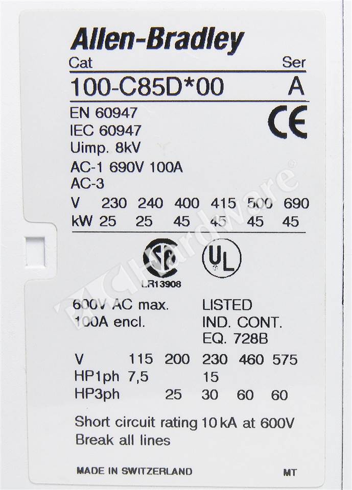 PLC Hardware - Allen Bradley 100-C85DJ10 Series A, Used in PLCH Packaging