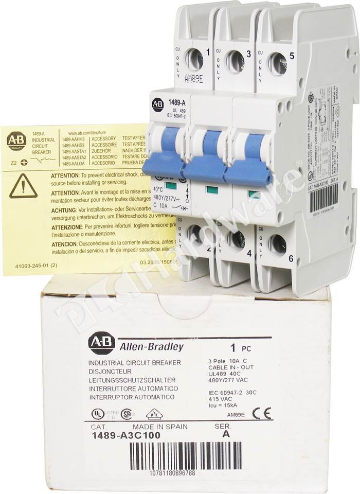 PLC Hardware: Allen-Bradley 1489-A3C100 Miniature Circuit Breaker, 3P, 10A