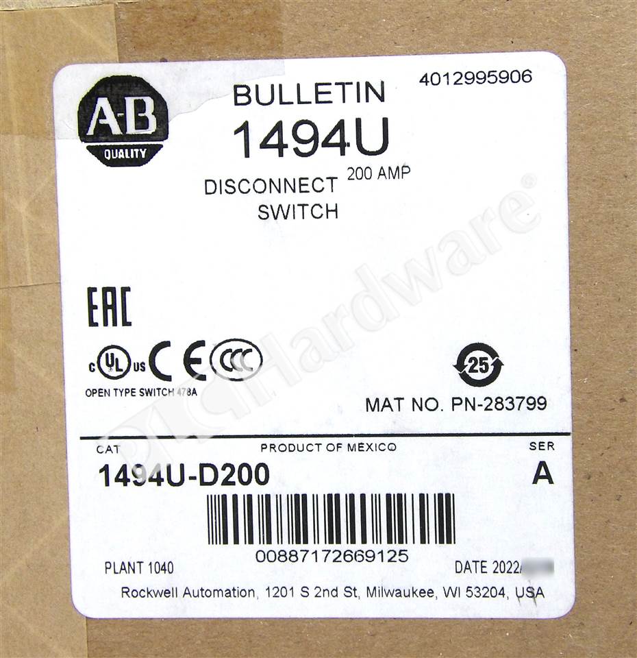 PLC Hardware: Allen-Bradley 1494U-D200 Disconnect Switch, 200A, Non-Fusible