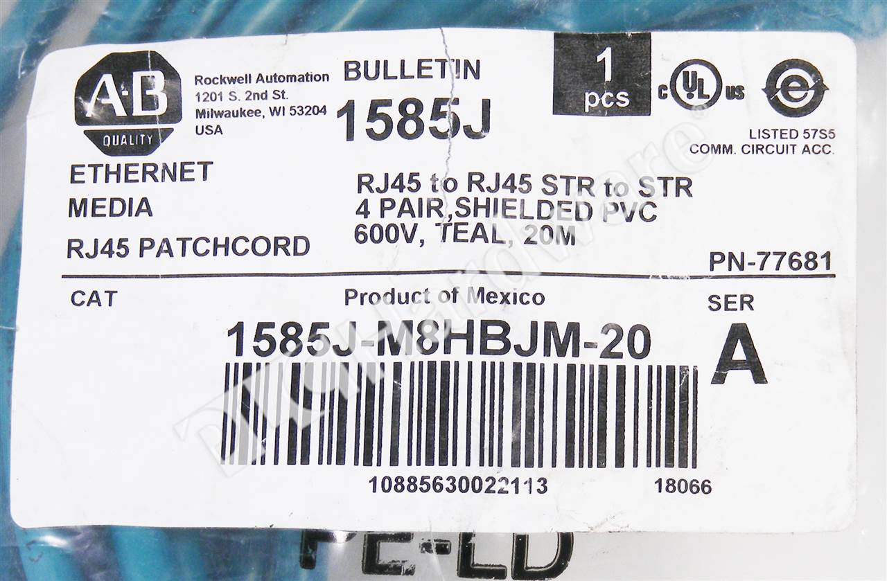 PLC Hardware: Allen-Bradley 1585J-M8HBJM-20 Ethernet Cable, 2 x RJ45, 20m