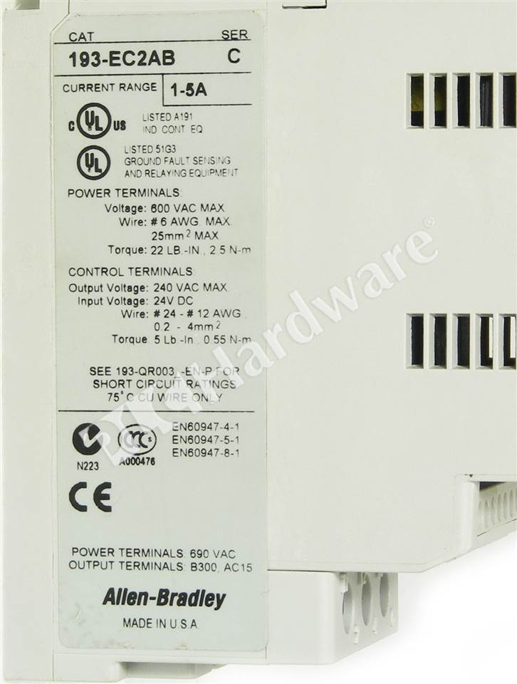 PLC Hardware: Allen-Bradley 193-EC2AB Electronic Motor Protection Relay ...