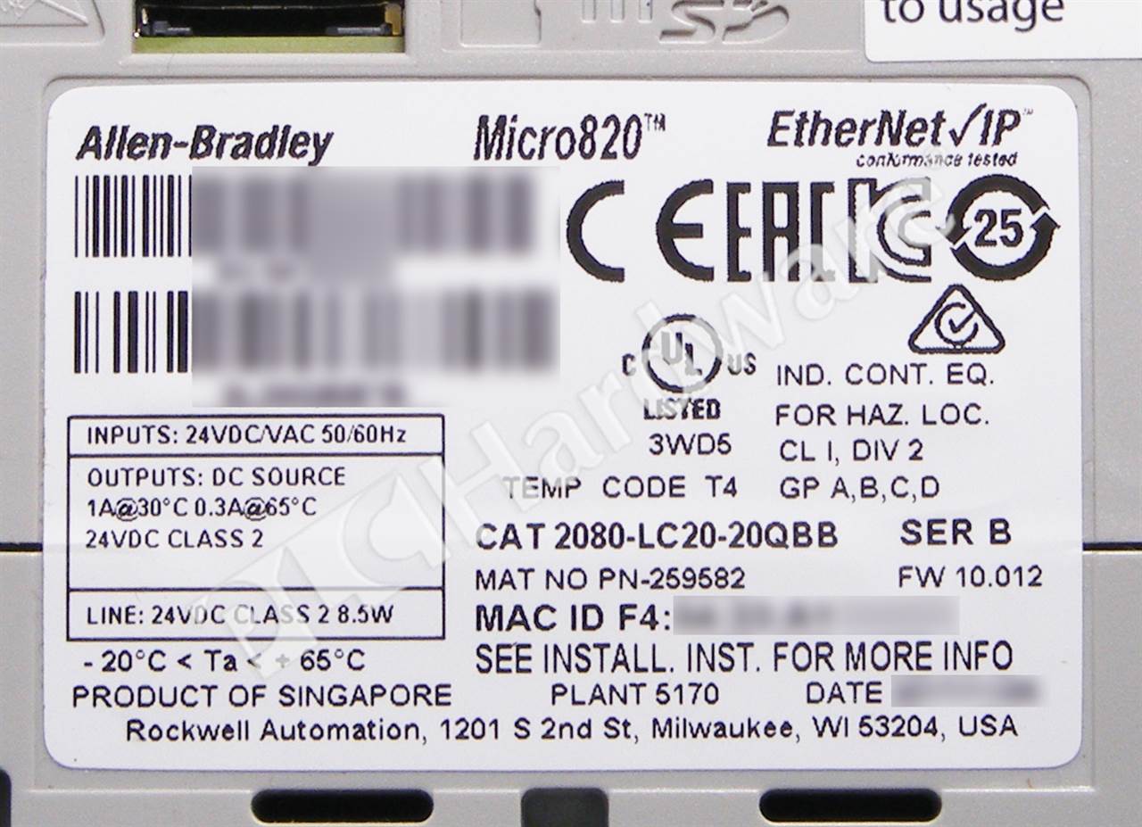 PLC Hardware: Allen-Bradley 2080-LC20-20QBB Micro820 Controller, 20-P, DC