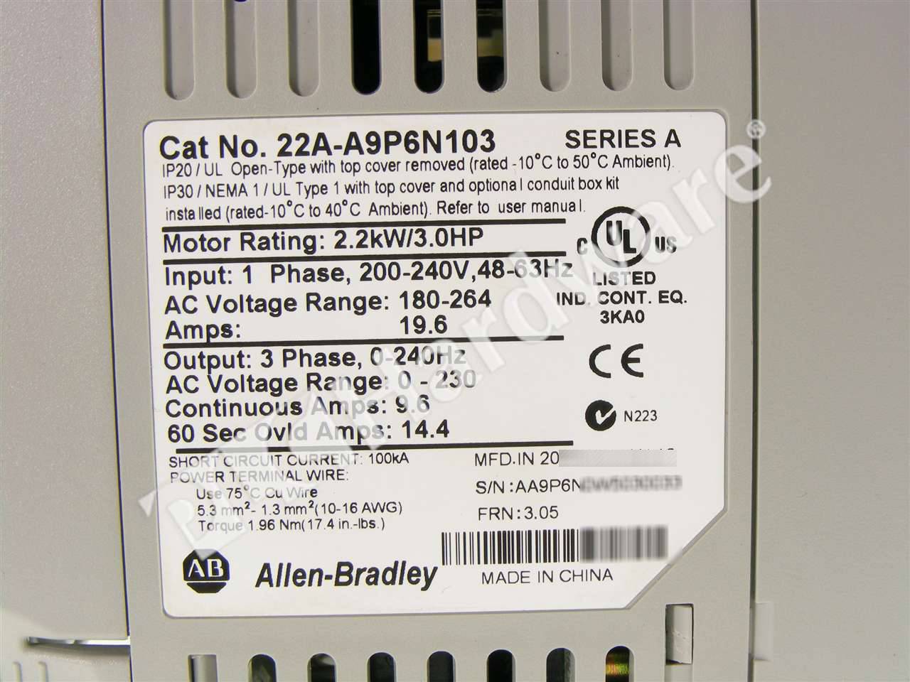 PLC Hardware - Allen Bradley 22A-A9P6N103, Surplus Sealed Pre-owned