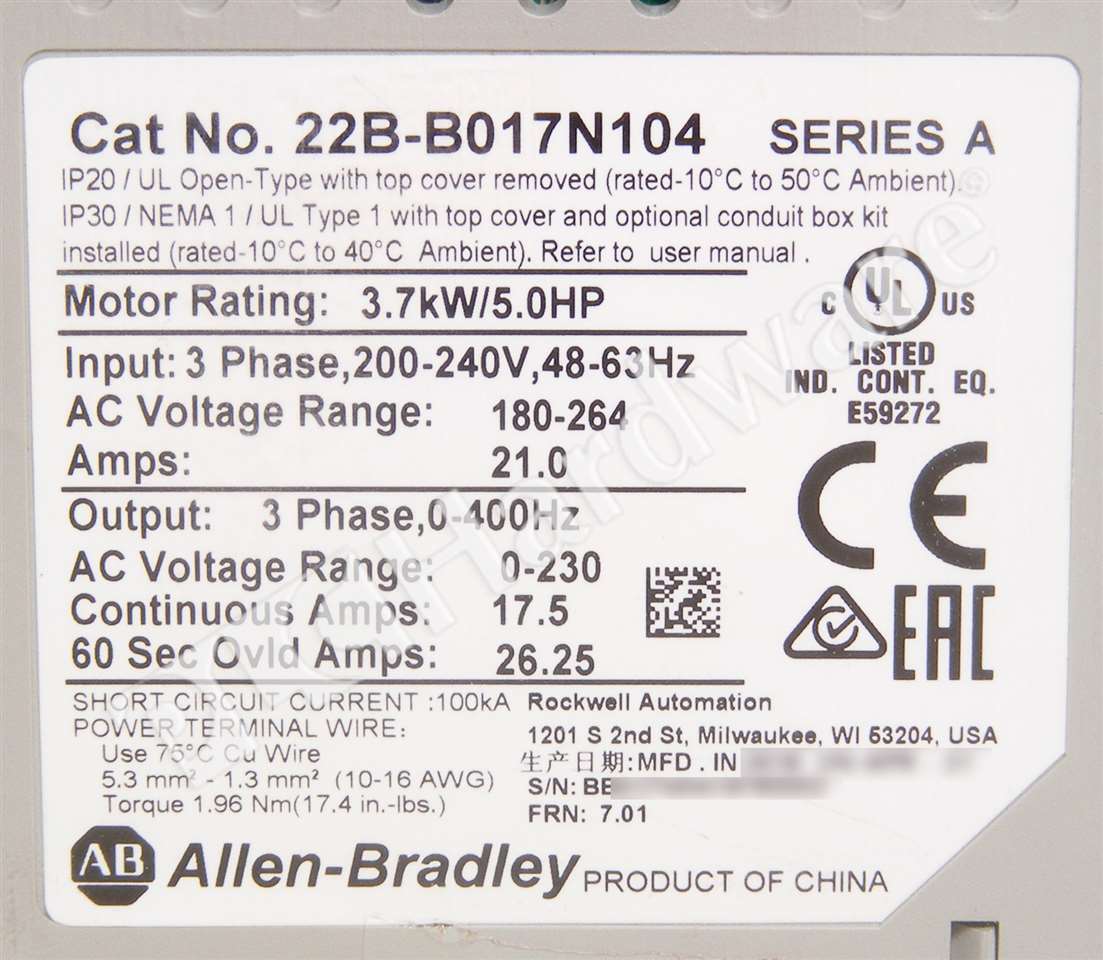 PLC Hardware - Allen Bradley 22B-B017N104, New Surplus in PLCH Packaging