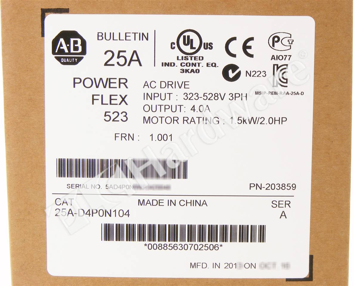 PLC Hardware: Allen-Bradley 25A-D4P0N104 PowerFlex 523 AC Drive 480V ...