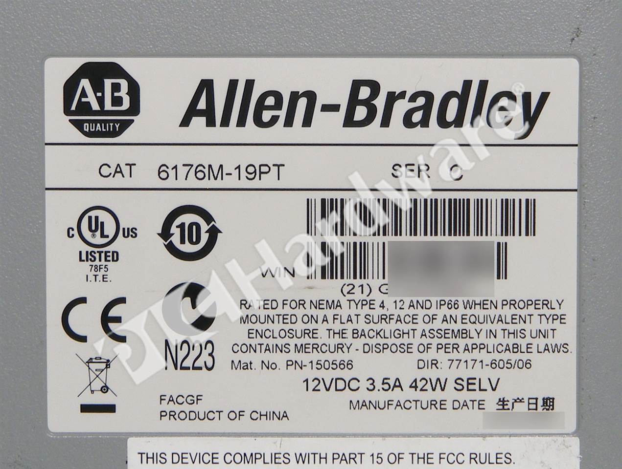 PLC Hardware - Allen Bradley 6176M-19PT Series C, Used PLCH Packaging