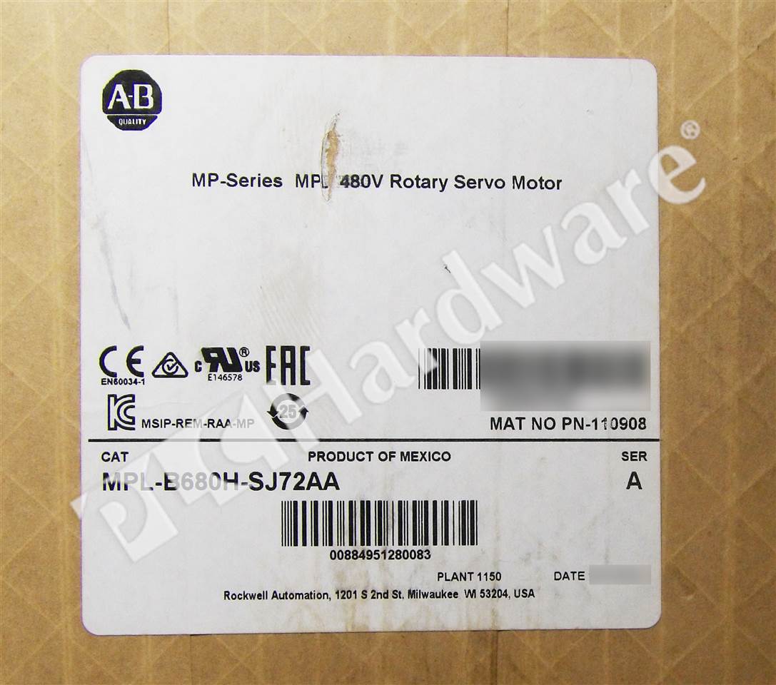 PLC Hardware: Allen-Bradley MPL-B680H-SJ72AA Servo Motor 460V 3500-RPM