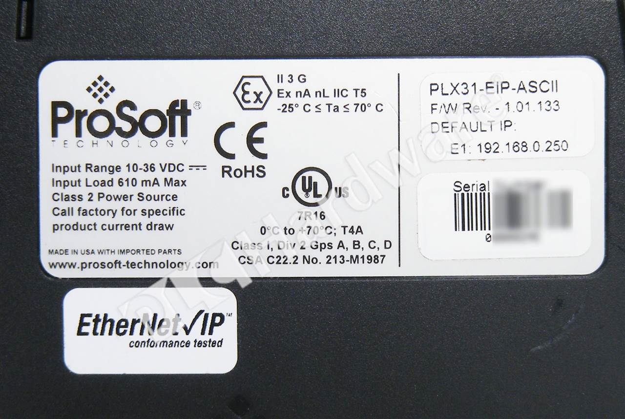 PLC Hardware: ProSoft PLX31-EIP-ASCII EtherNet/IP to ASCII Comm Gateway